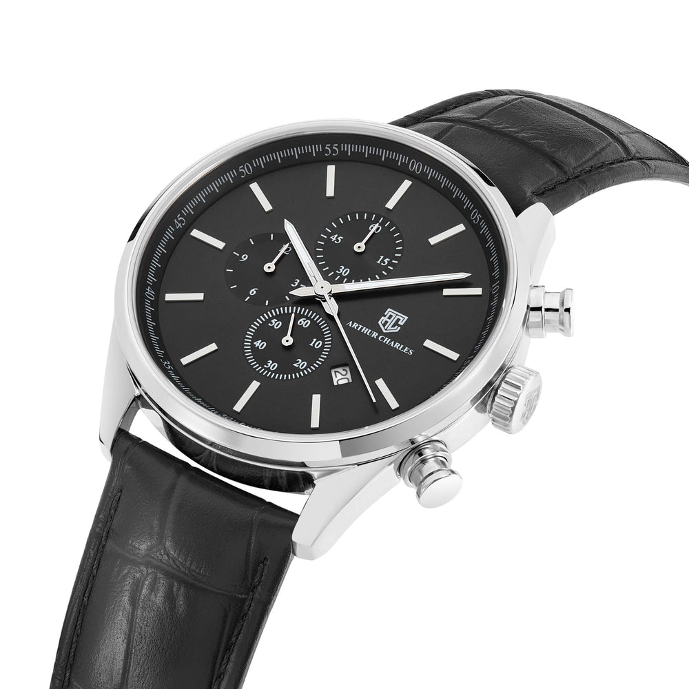Silver Chrono Prestige Men's Watch with Luxury Leather Strap