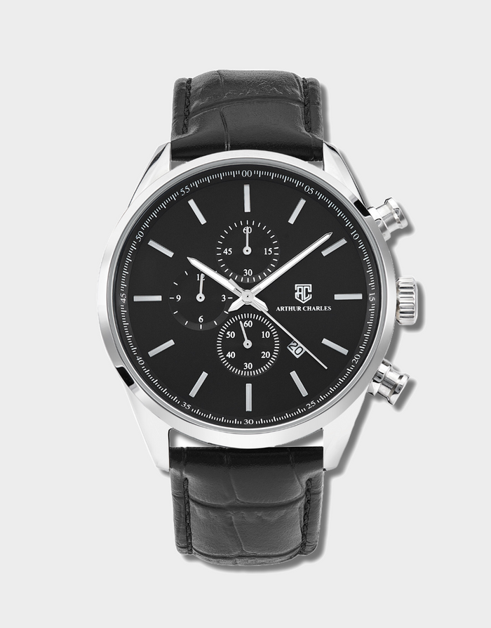 Silver Chrono Prestige Men's Watch with Luxury Leather Strap
